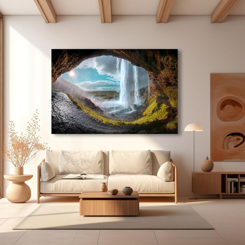 Wandbild - Wasserfall durch Bergtunnel - Rueckwand24