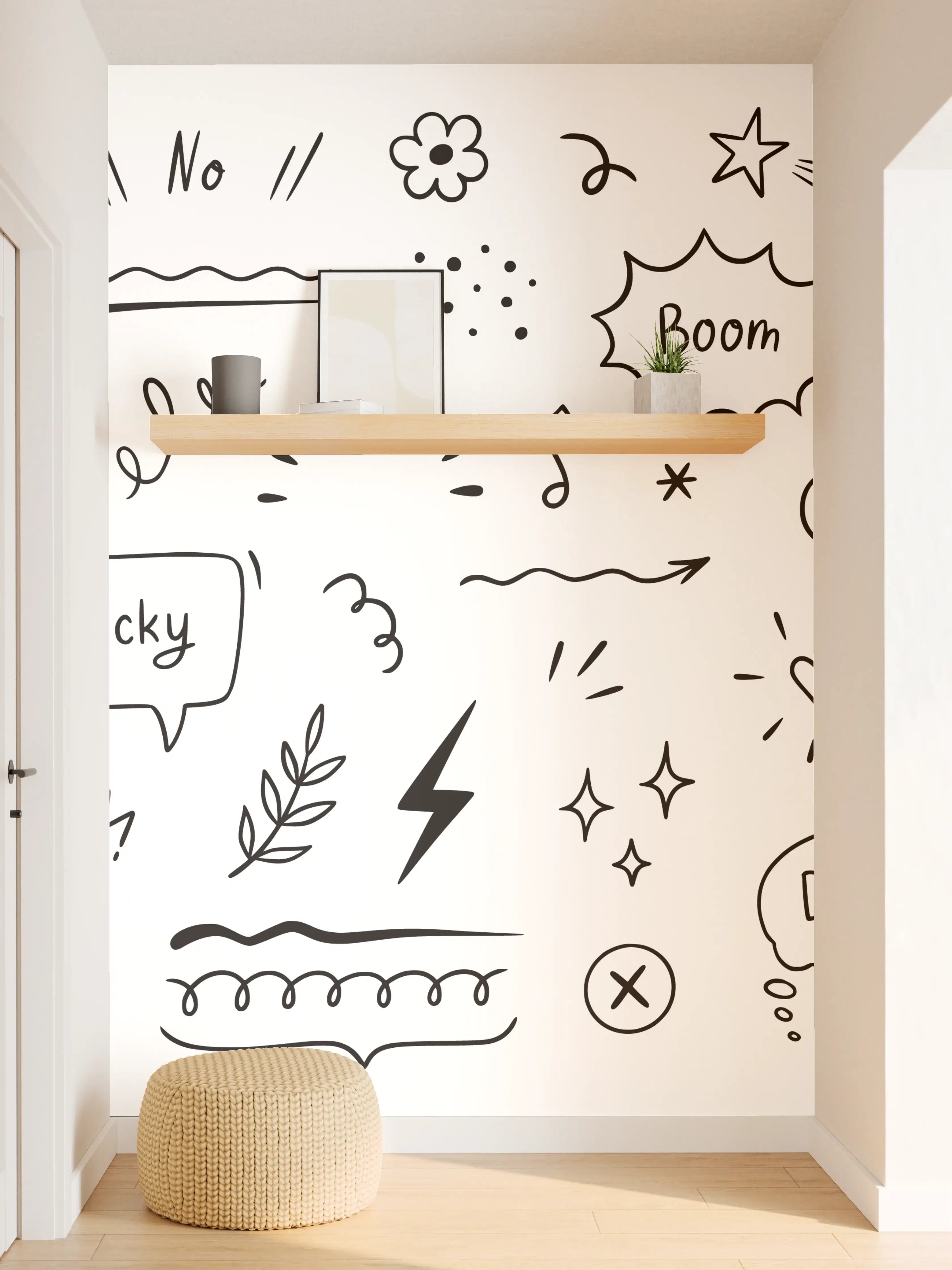 Wandverkleidung Flur - Kreative schwarz-weiße Skizzen und Symbole