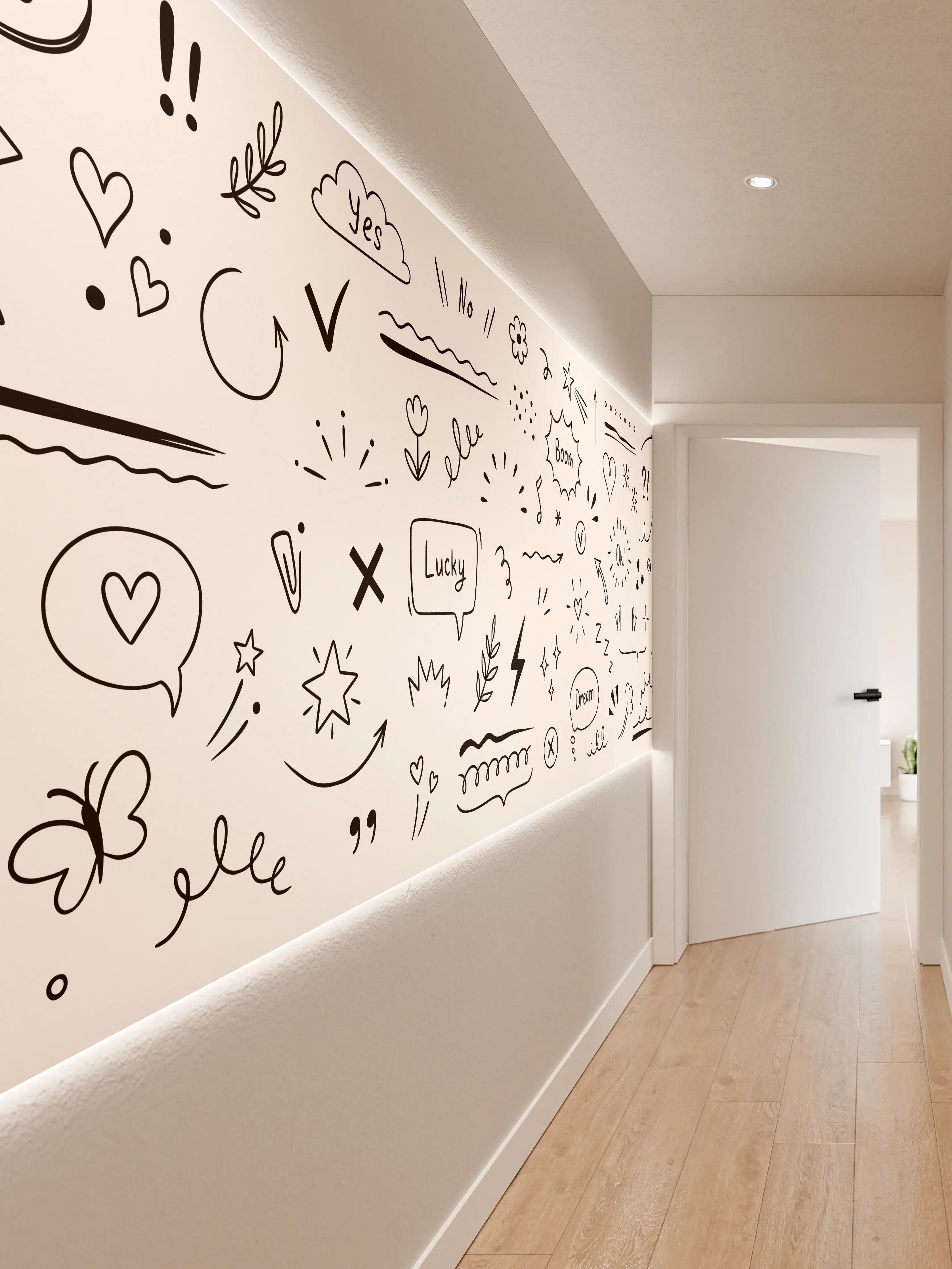 Wandverkleidung Flur - Kreative schwarz-weiße Skizzen und Symbole