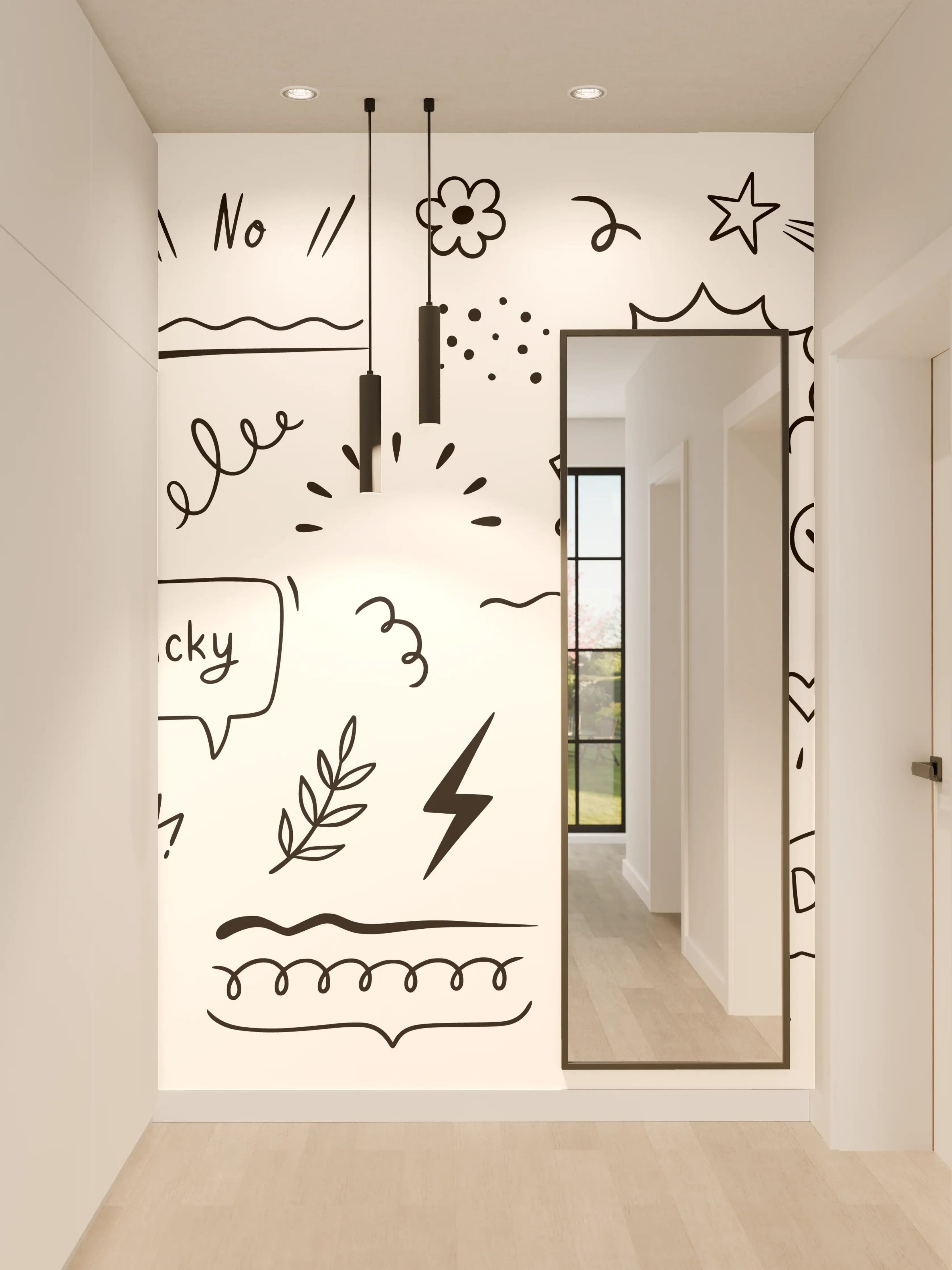 Wandverkleidung Flur - Kreative schwarz-weiße Skizzen und Symbole
